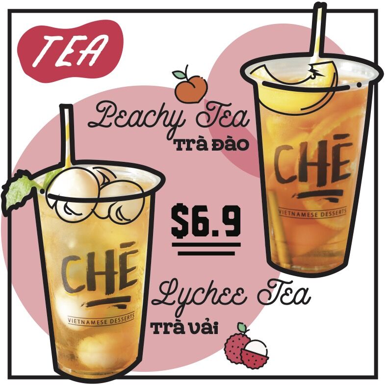 Peachy Tea & Lychee Tea – Trà Đào Cam Sả & Trà Vải – Che Desserts